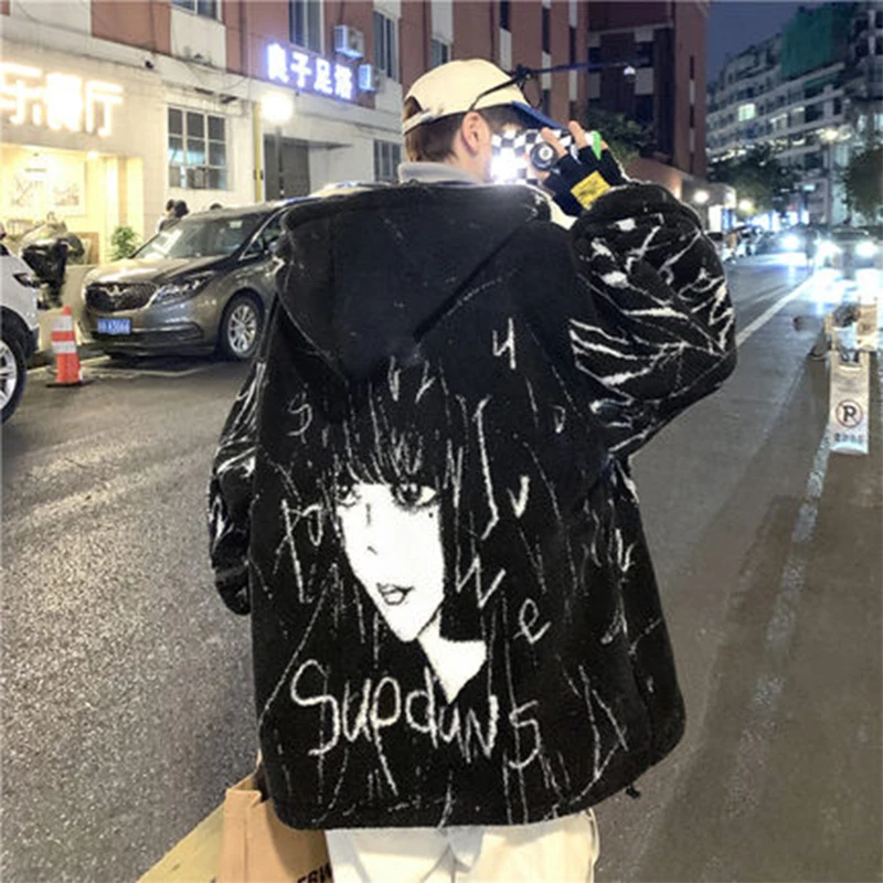 Lambswool Hoodies Jacket Men Manga Girls Print Anime Jackets Couple ...