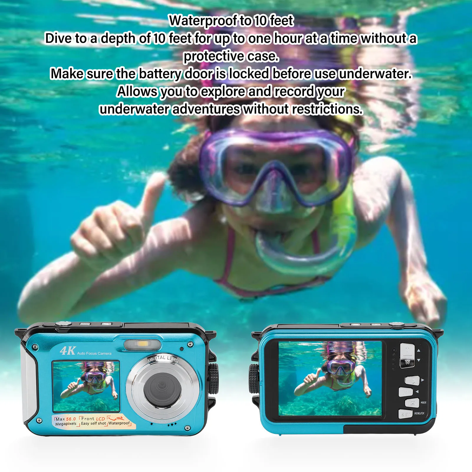 4K 56MP Camera Dual Screen 10ft Waterproof 16X Digital Zoom Auto Focus ...