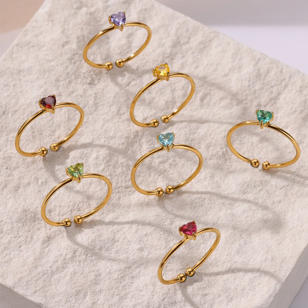 Stainless Steel Birthstone Open Rings for Women Fashion 12-color ...