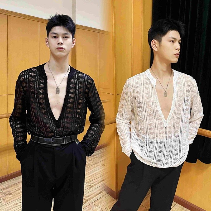 2025 Lain Dance Tops For Men Deep V-Mesh Hollowed Out Shirt Chacha ...