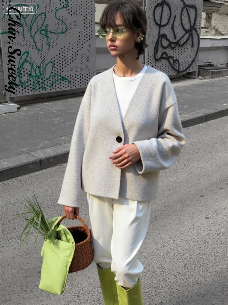 Fashion Women's Woolen Coat Single Button V-Neck Loose Solid Lady Short ...