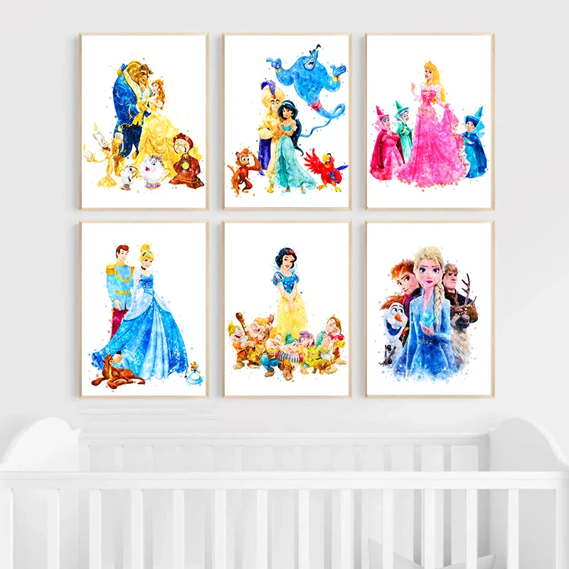 Póster de princesa con acuarela de personajes de dibujos animados de Disney, arte de pared e ...
