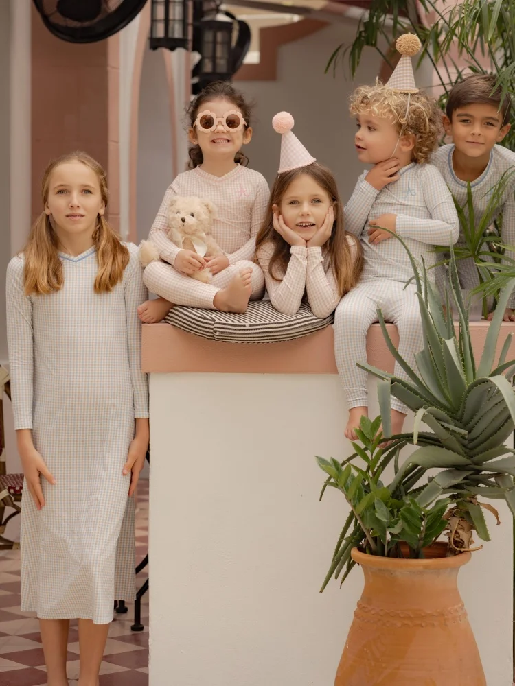 AP SS26 gingham plaid cotton pajamas children girl boy casual homewear ...