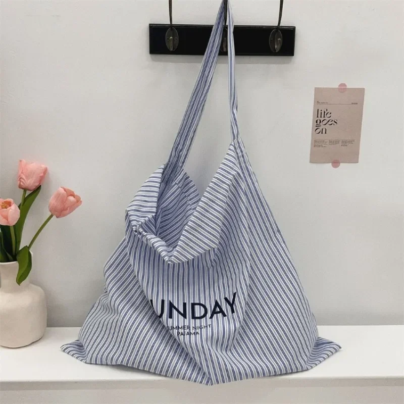 Blue and White Striped Canvas Bag with Letters Casual and Lazy Style ...