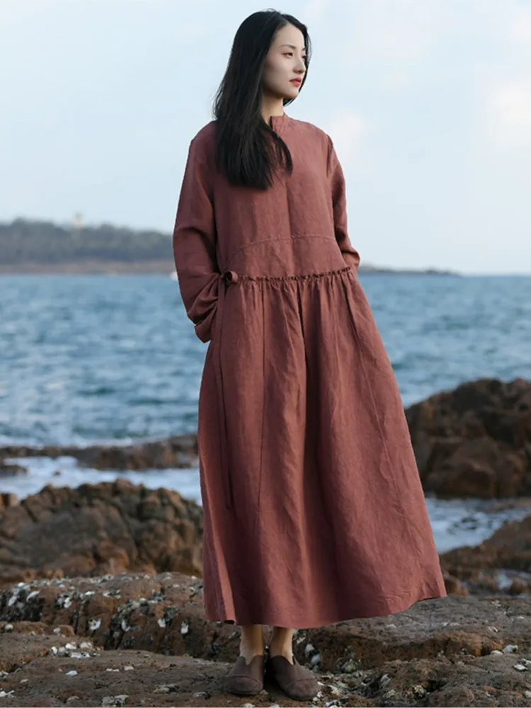 Johnature-Women-Vintage-Solid-Color-Dresses-Stand-Long-Sleeve-Robes ...