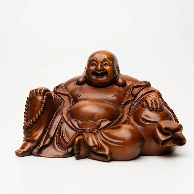 Hand Carved Wooden Laughing Buddha Statue Figurine Good Luck Feng Shui ...