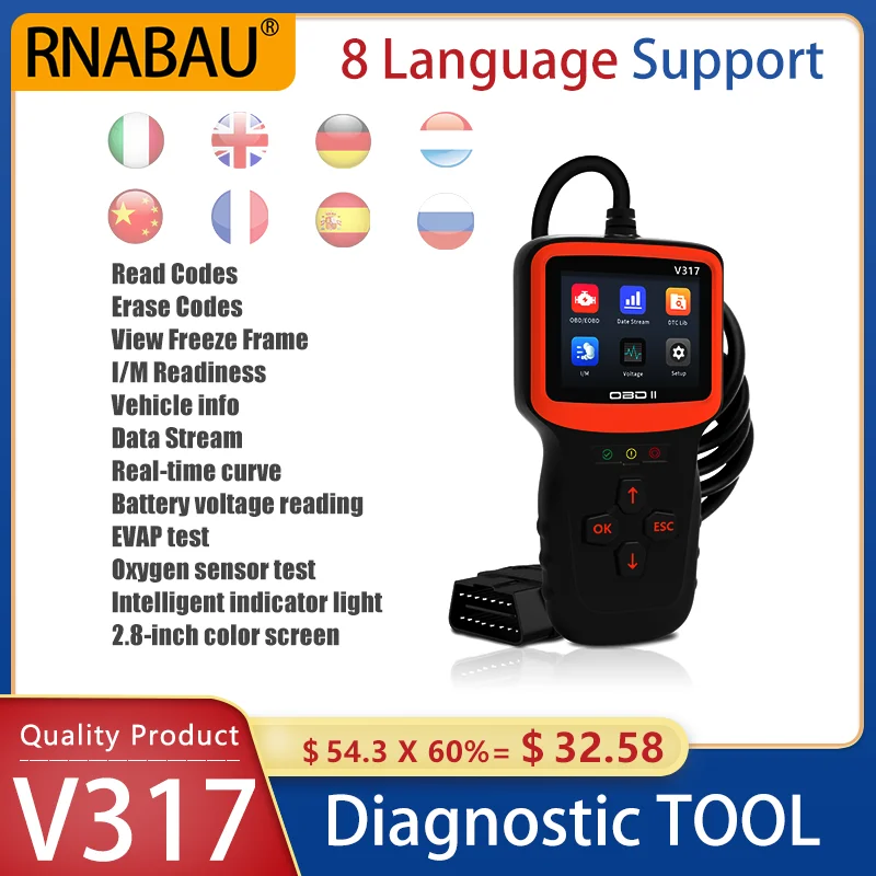 RNABAU V317 엔진 시스템 진단 도구, 산소 센서 테스트, 모든 OBD2/EOBD 차량용 자동차 오류 감지기 코드 리더