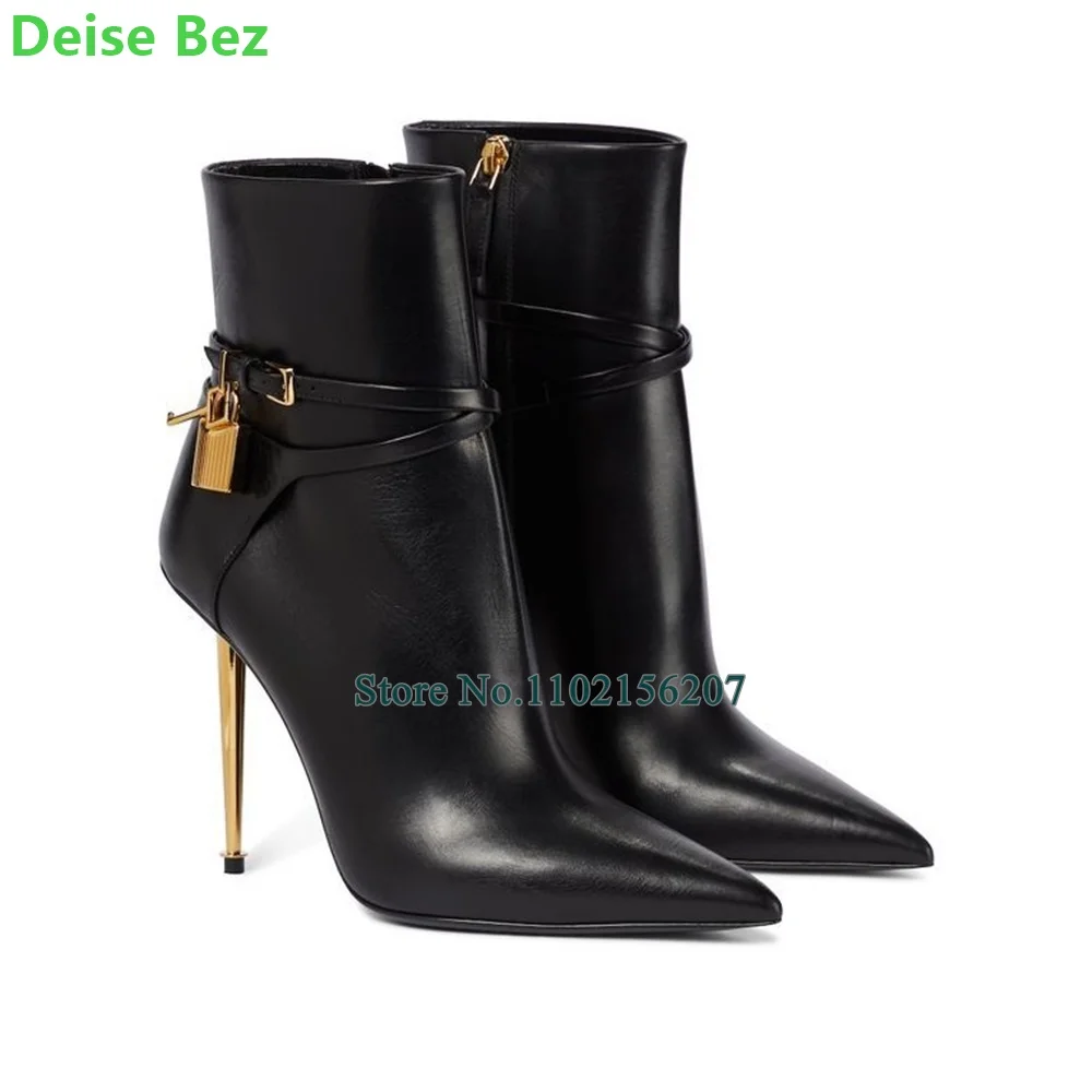 Metal Thin High Heel Key And Lock Short Boots For Female Women Luxury ...