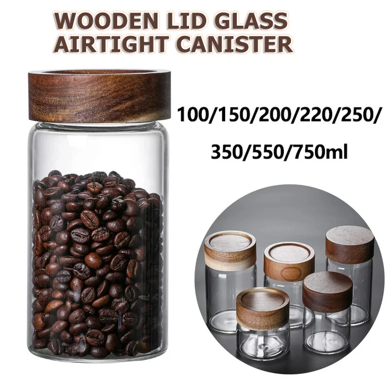 Wooden-Lid-Clear-Glass-Sealing-Jar-Sealed-Coffee-Bean-Storage-Jar ...