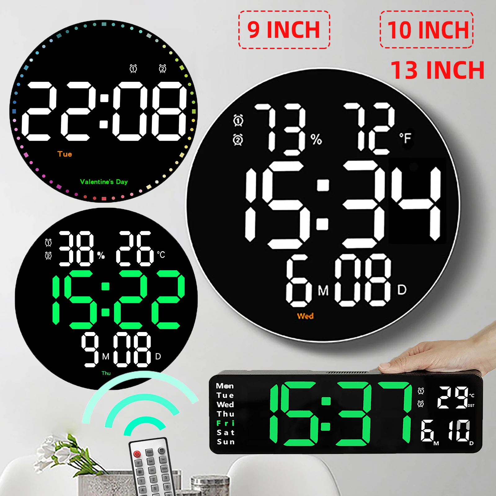 Round-3D-LED-Wall-Clock-Large-Screen-Temperature-Date-Day-Display ...