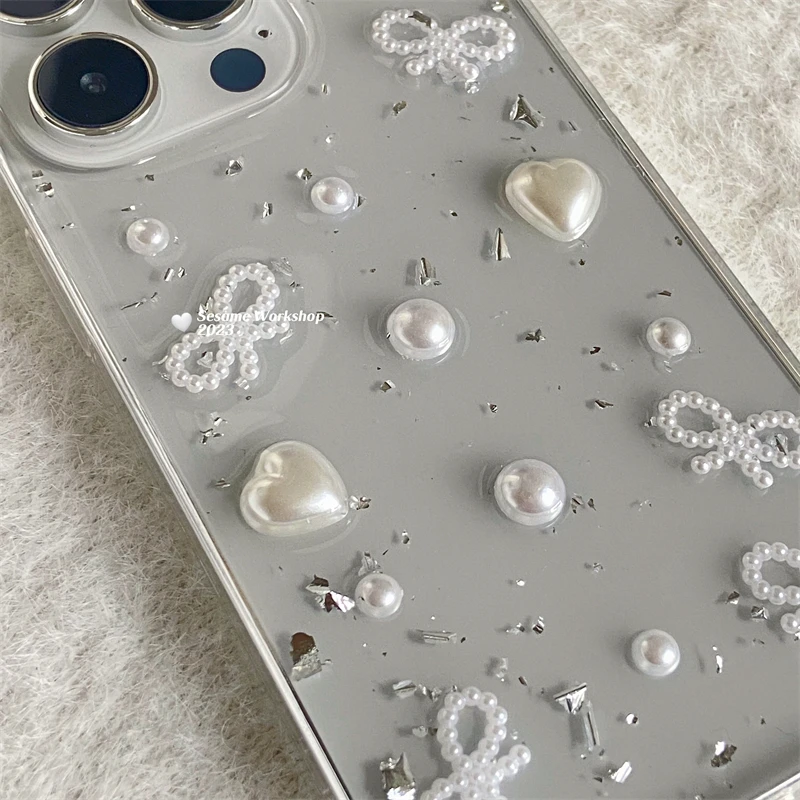 Funda-de-tel-fono-de-l-mina-plateada-con-lazo-de-perla-3D-para-iPhone ...