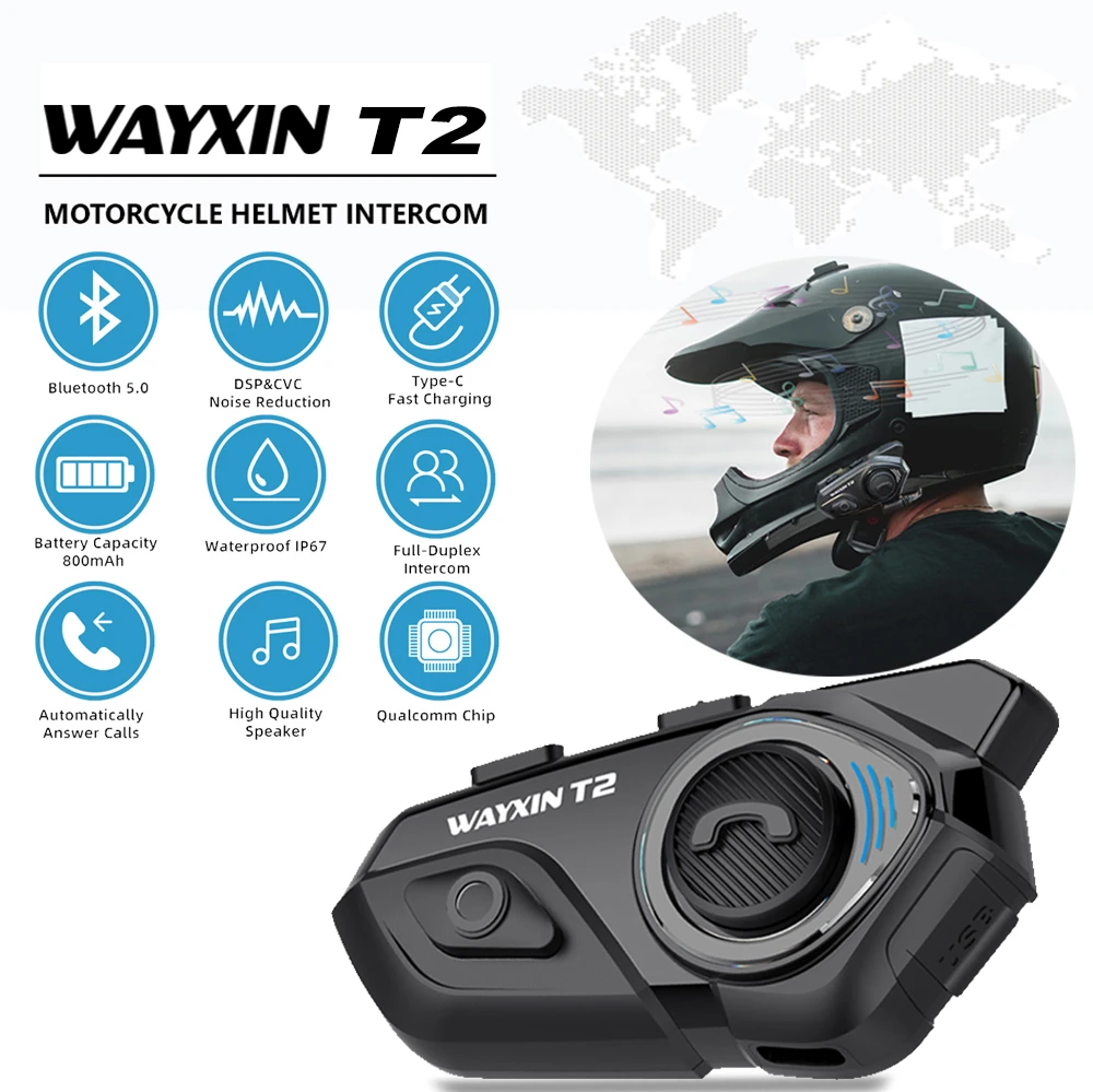 WAYXIN intercomunicador T2 para casco de motocicleta, auriculares con ...