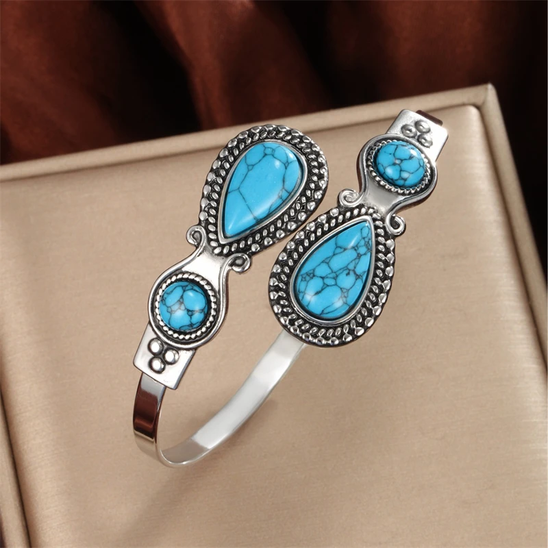Fashion-Retro-Turquoise-Stone-Antique-Stainless-Steel-Adjustable-Cuff ...