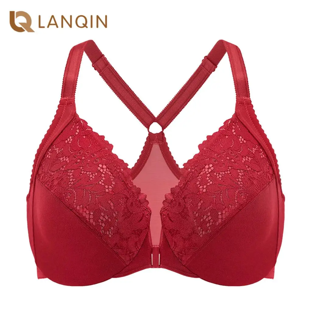 Women-s-Floral-Lace-Front-Closure-Racerback-Bra-Plus-Size-Full-Coverage ...