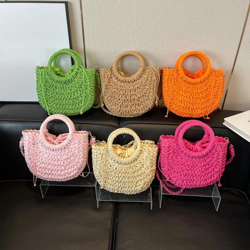 Orange Straw Bag Women Rattan Hand-Woven Handbag Small Half Moon Design ...