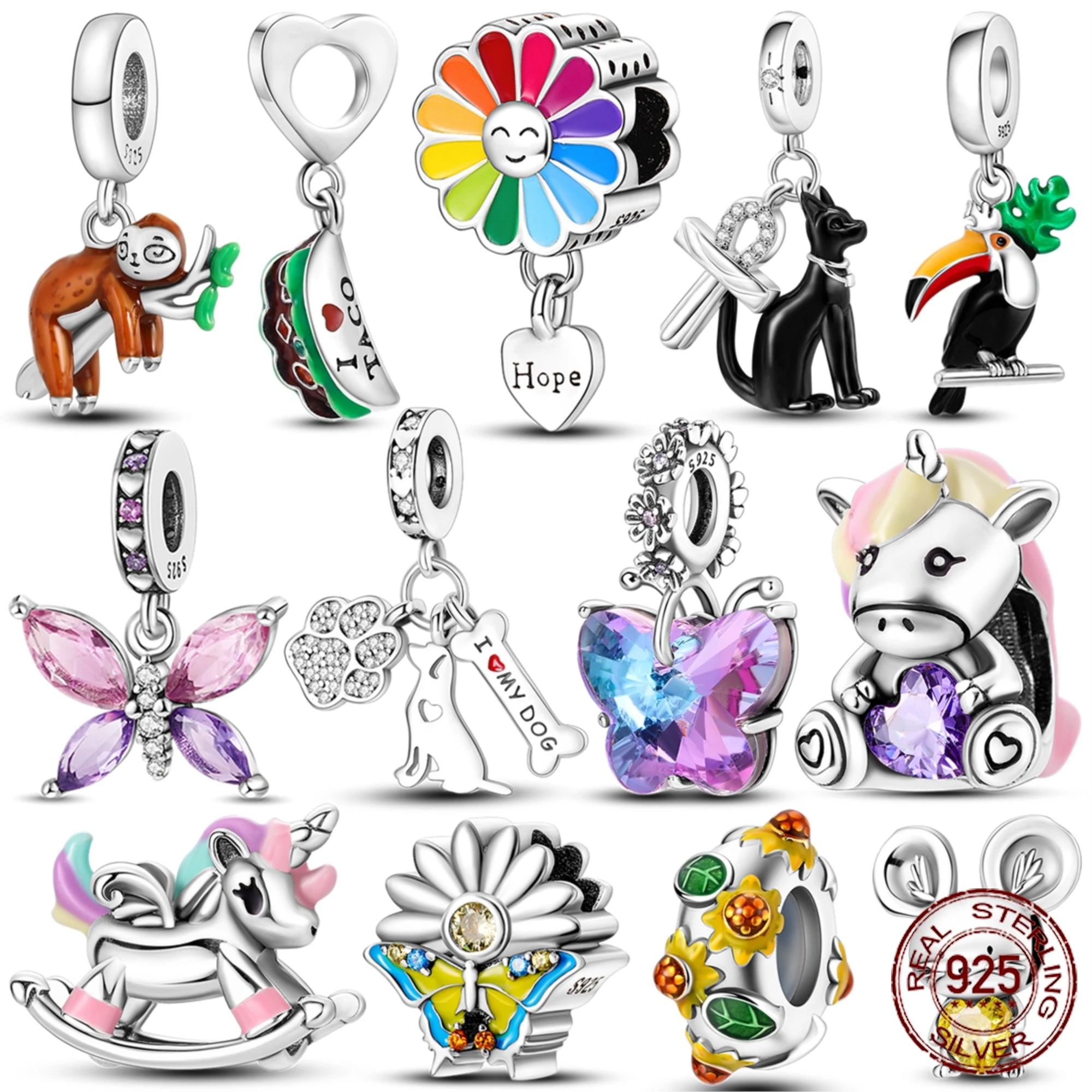 925-Sterling-Silver-Colorful-Lovely-Pets-Cat-Dangle-Sunflower-Butterfly ...