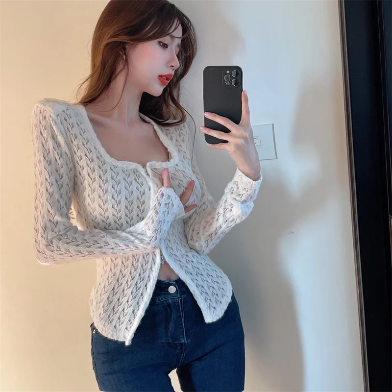 퓨어 욕망 샌딩 스퀘어 칼라 레이스 셔츠 여성용 섹시한 오픈 칼라 본 화이트 탑 슬림 핏 집업 긴 소매 작은 가디건 가을 겨울