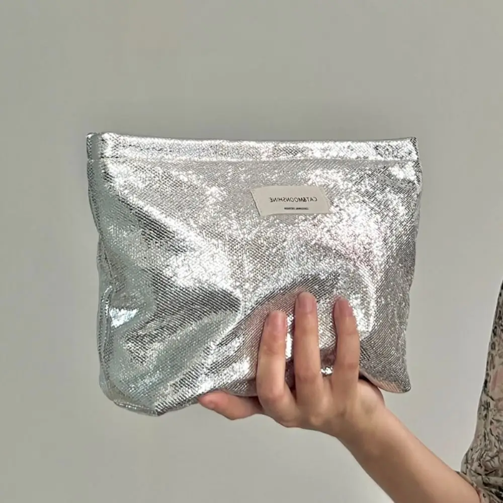 Portable Shiny Sequins Makeup Bag Silver Solid Color Cosmetic Bag ...