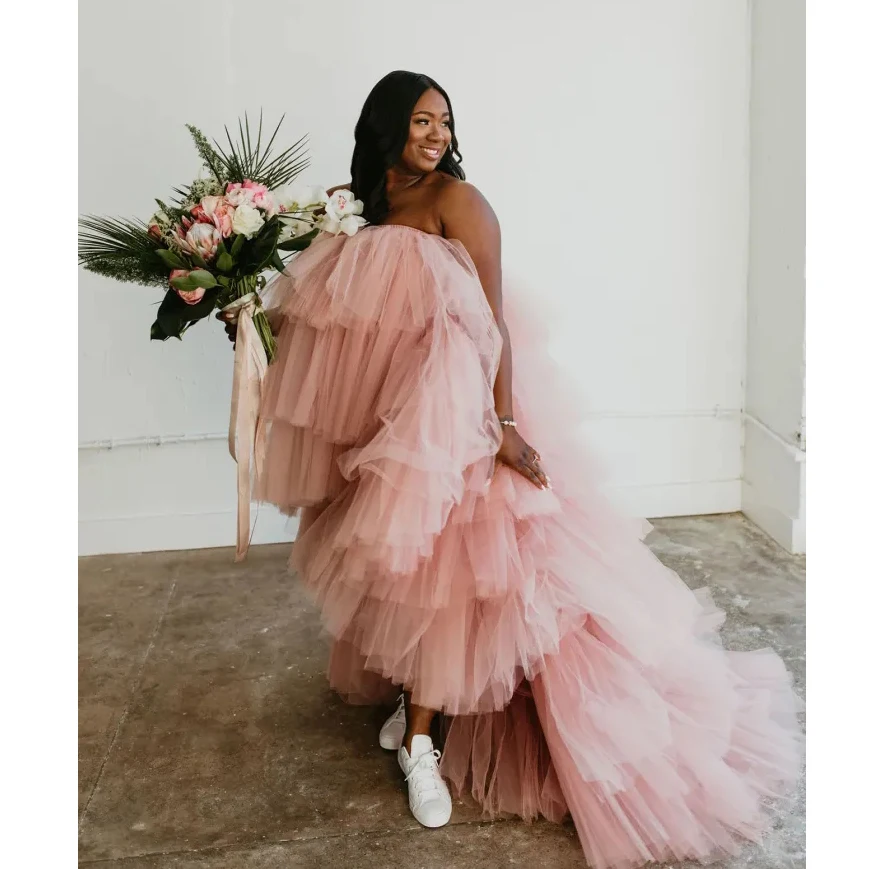 Pretty Blush Pink Fluffy Tiered Tulle Maxi Dresses Women To Engagement ...