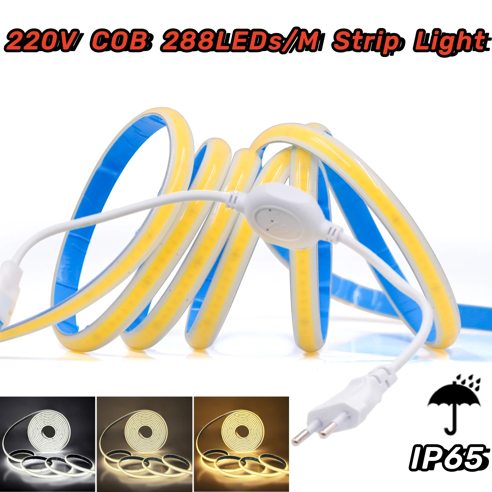 220V-COB-LED-Strip-IP65-288LEDs-M-Adhesive-Flexible-Tape-Diode-Light ...