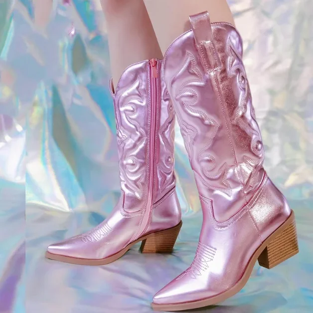 Botas vaqueras rosas para mujer, botines occidentales con cremallera ...