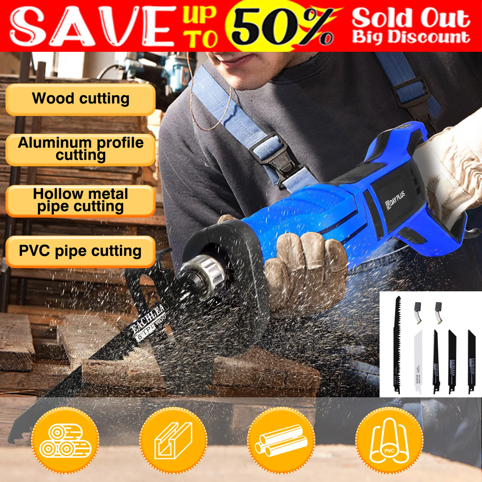 DayPlus-900W-Reciprocating-Saw-w-Saw-Blades-Variable-Speed-for-Wood-PVC ...