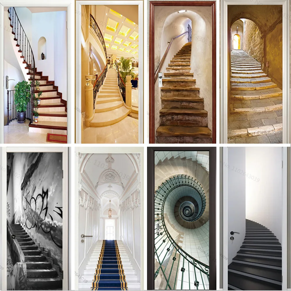 Customized-Size-Door-Sticker-Adhesive-3D-Spiral-Stairs-Full-Door-Wrap ...