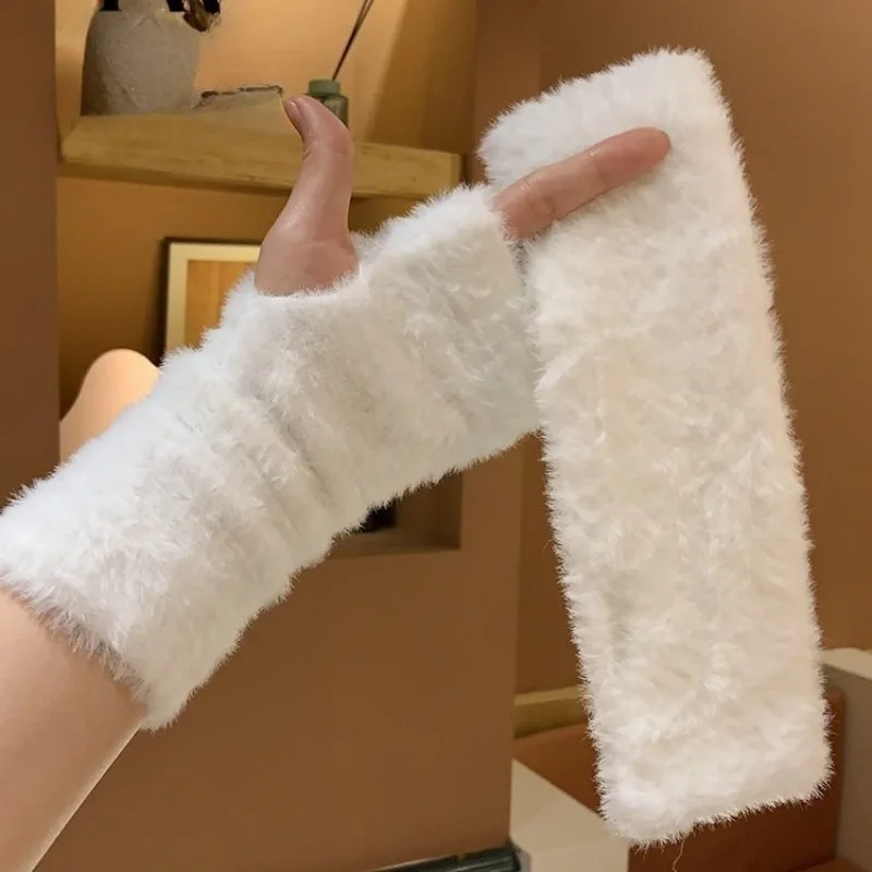 Winter Fingerless Long Mittens for Women Cashmere Knitted Gloves Casual ...