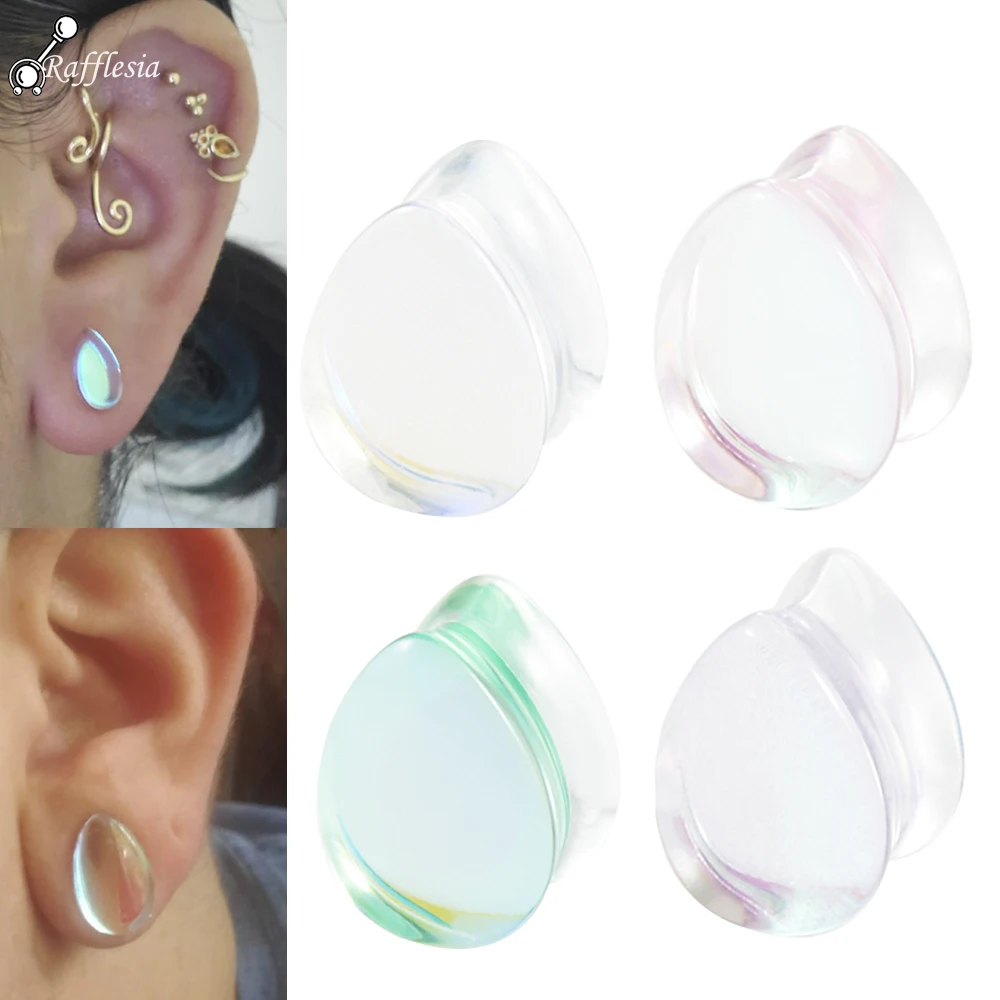 1Pair Glass Water Drop Purple Ear Gauges AB Green Pink Clear Oval Ear ...