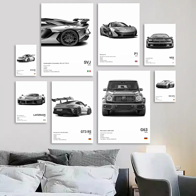 Pop Black And White France Luxury Sports Car Poster Wall Art 911 GT3 RS ...
