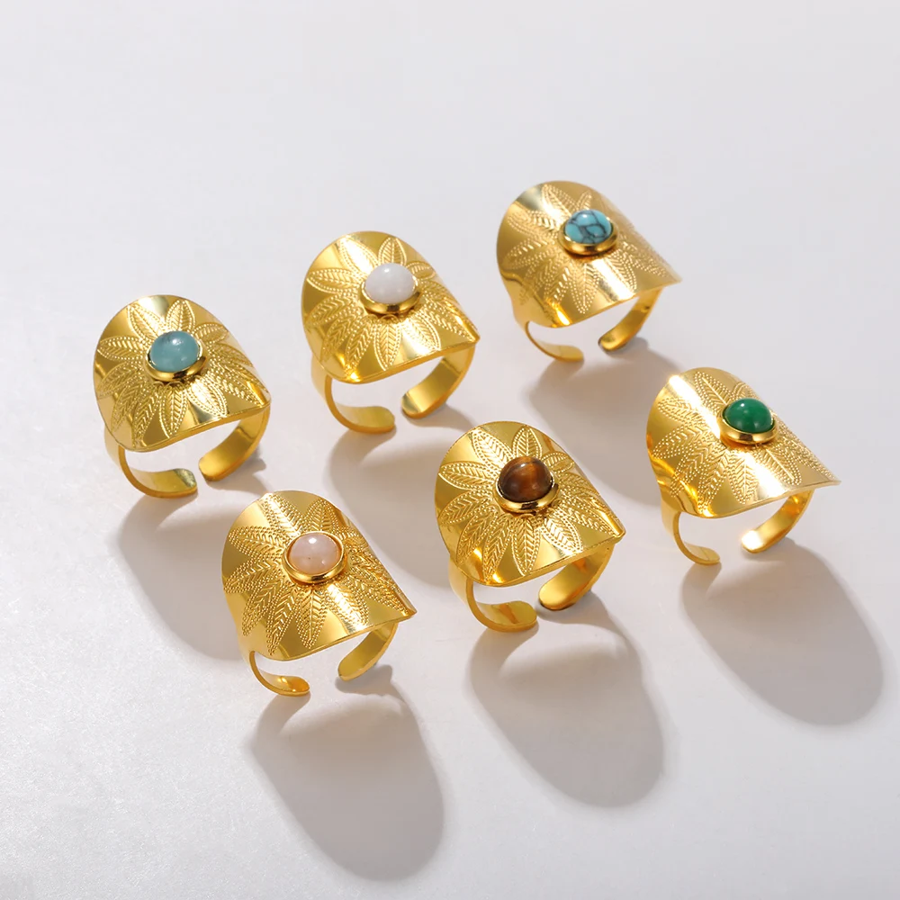 PVD Plated Stainless Steel Ring Retro Natural Stone Pattern Wide Rings ...