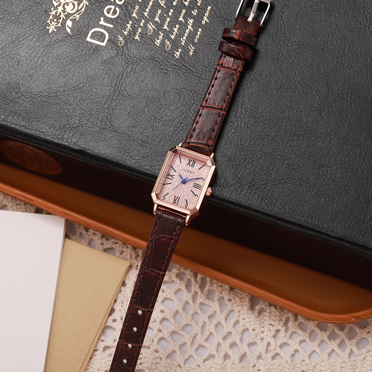 Ladies' new retro style square dial Roman numeral quartz watch simple ...