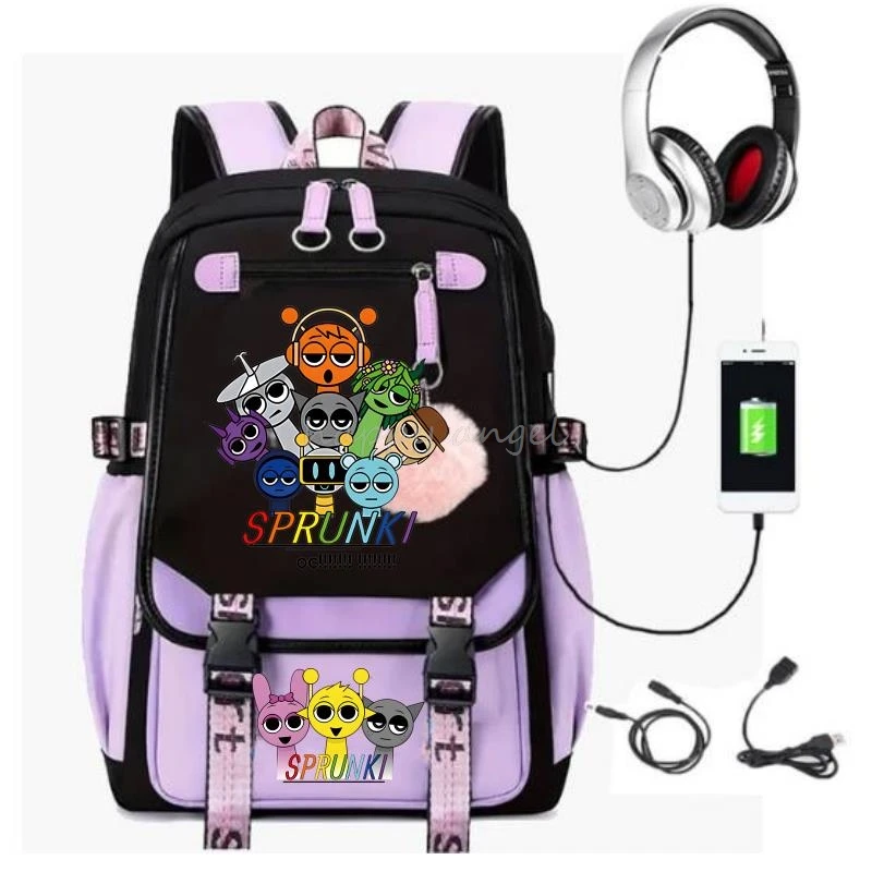 Hot Fashion New Sprunki USB Charging Bookbag Women Back Pack Laptop ...