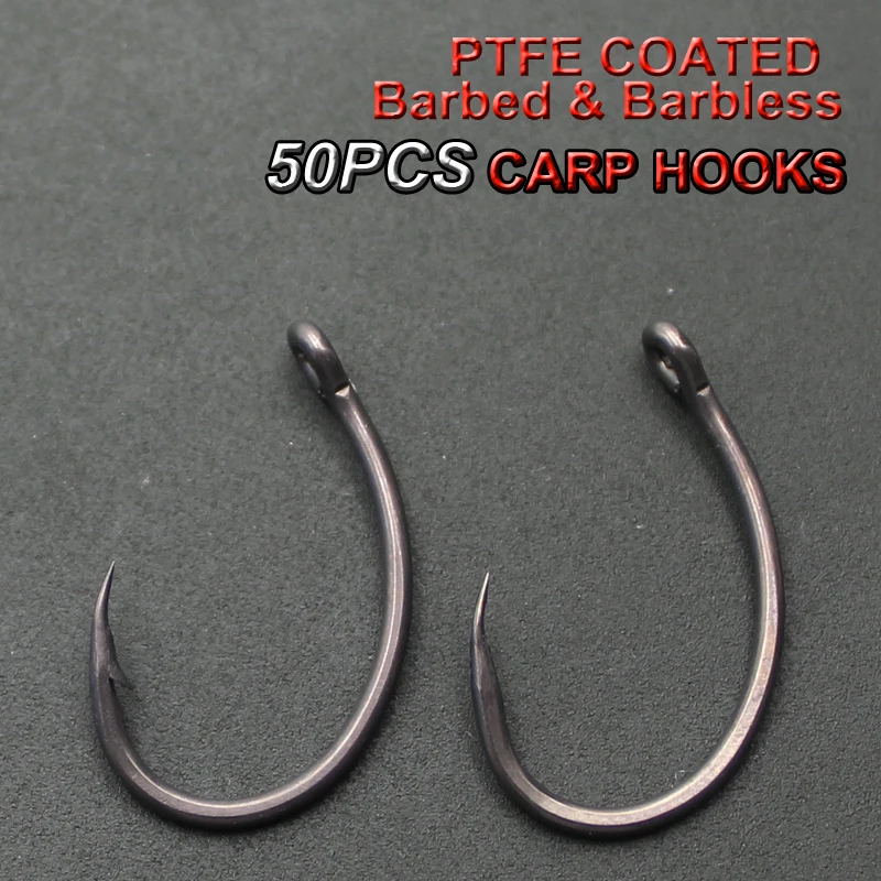 50PCS PTFE Coated High Carbon Stainless Steel Barbed hooks Carp Fishing Hooks Curved Wide Gape ...