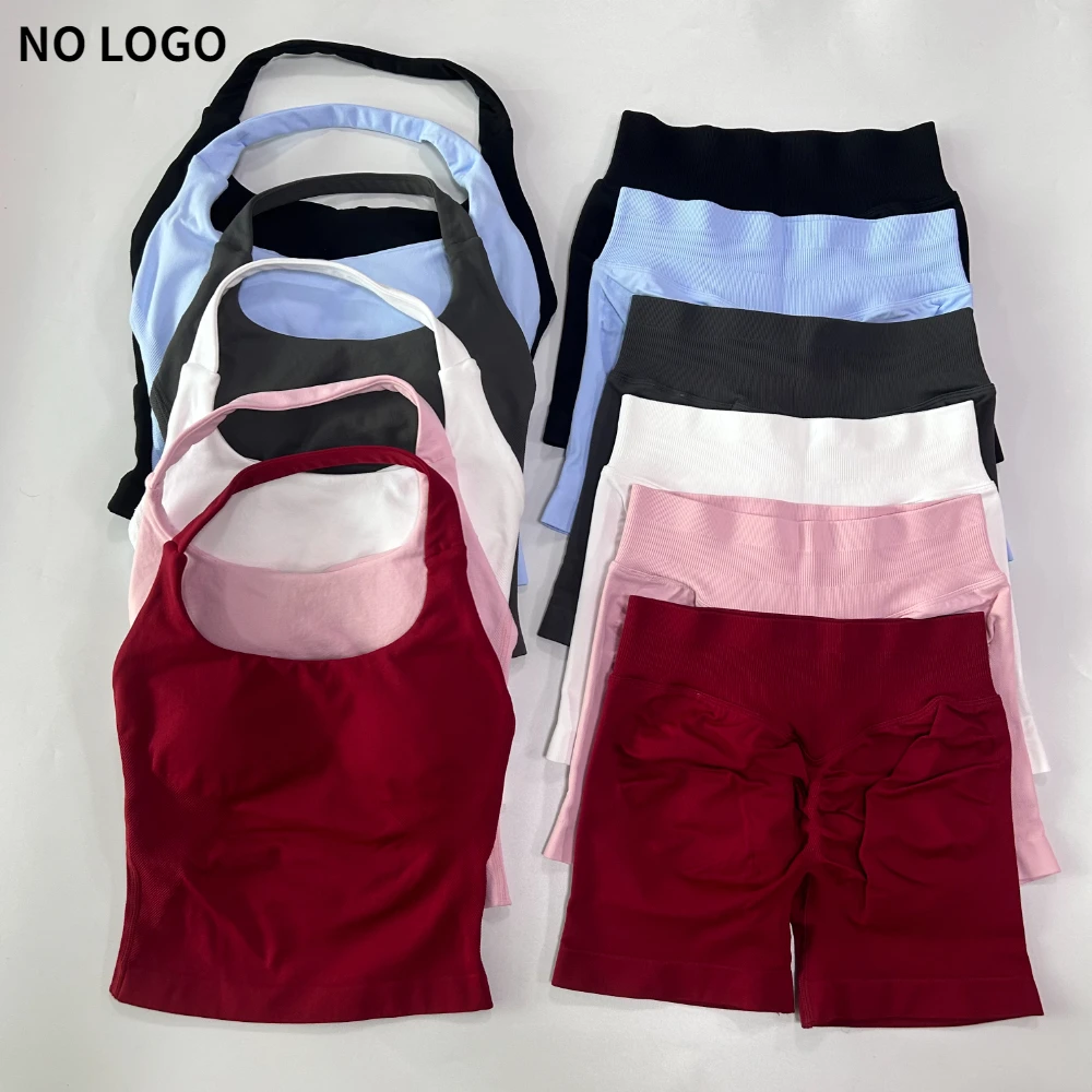 No Logo 2 Pieces Gym Set Women Backless Halter Tops High Waist Seamless ...