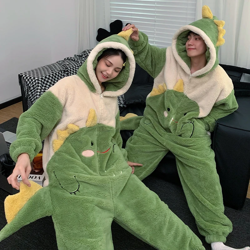 Kigurumis Dinosaur Women s Pajamas Jumpsuits Men Sleepwear Women Couples Winter Thicken Hooded Cartoon Pyjamas Fleece Loose Soft AliExpress