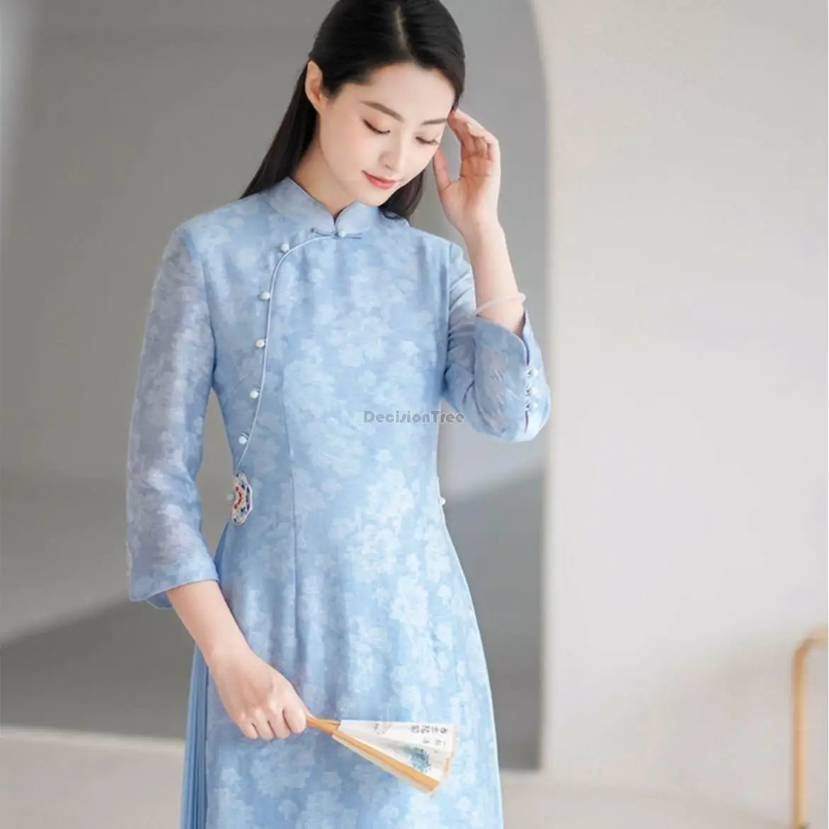 Blue ao dai chiffon long dress women vietnam Slim cheongsam vintage ...