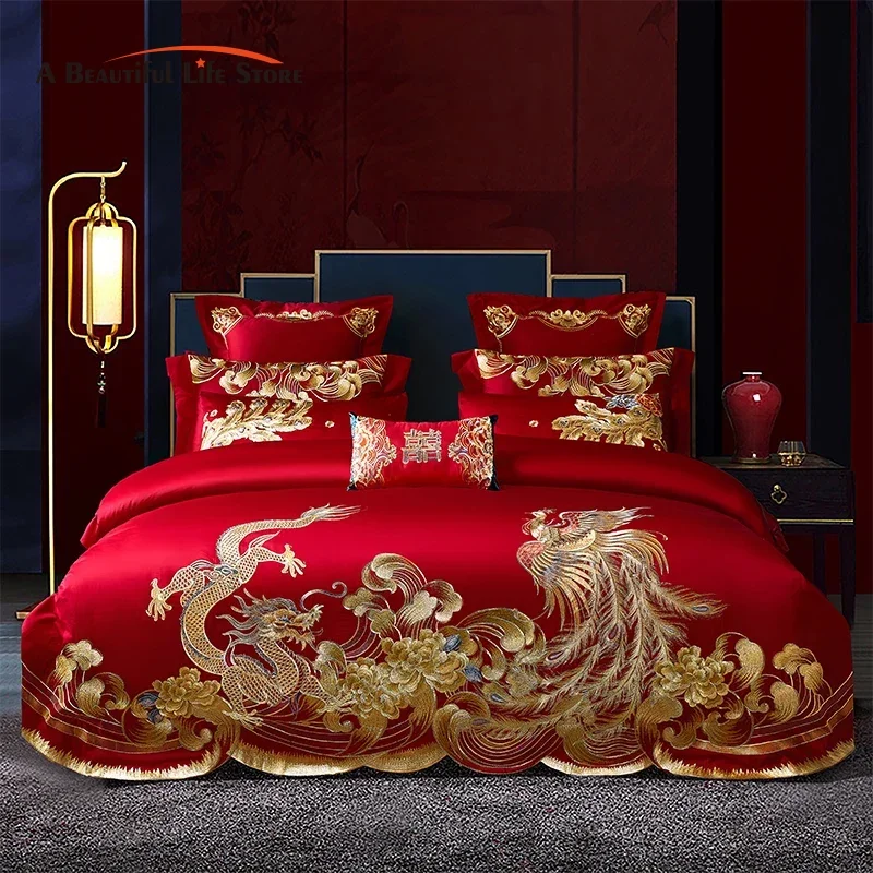 Luxury-Red-Chinese-Wedding-Style-Bedding-Set-Gold-Loong-Phoenix ...