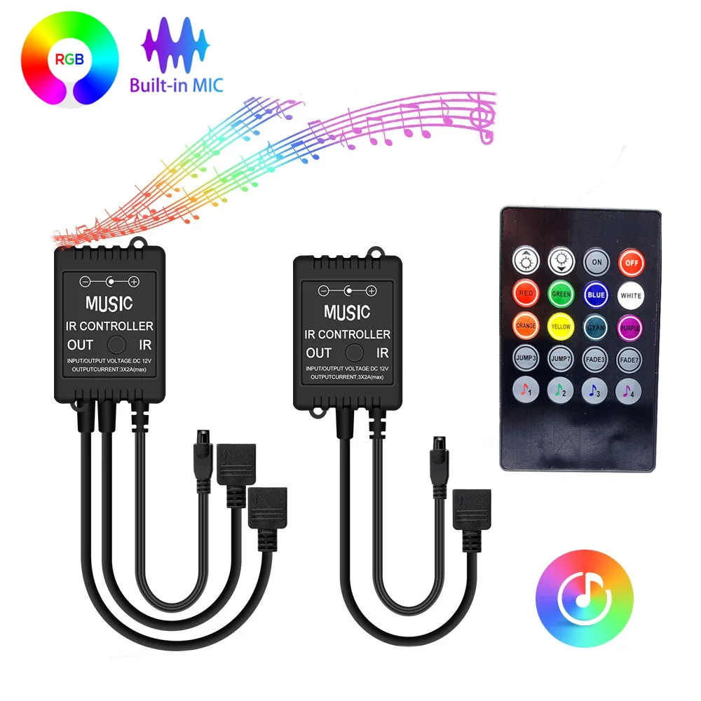 Music RGB Controller DC 12V 20 Key IR Remote Control Built-In MIC Sound ...