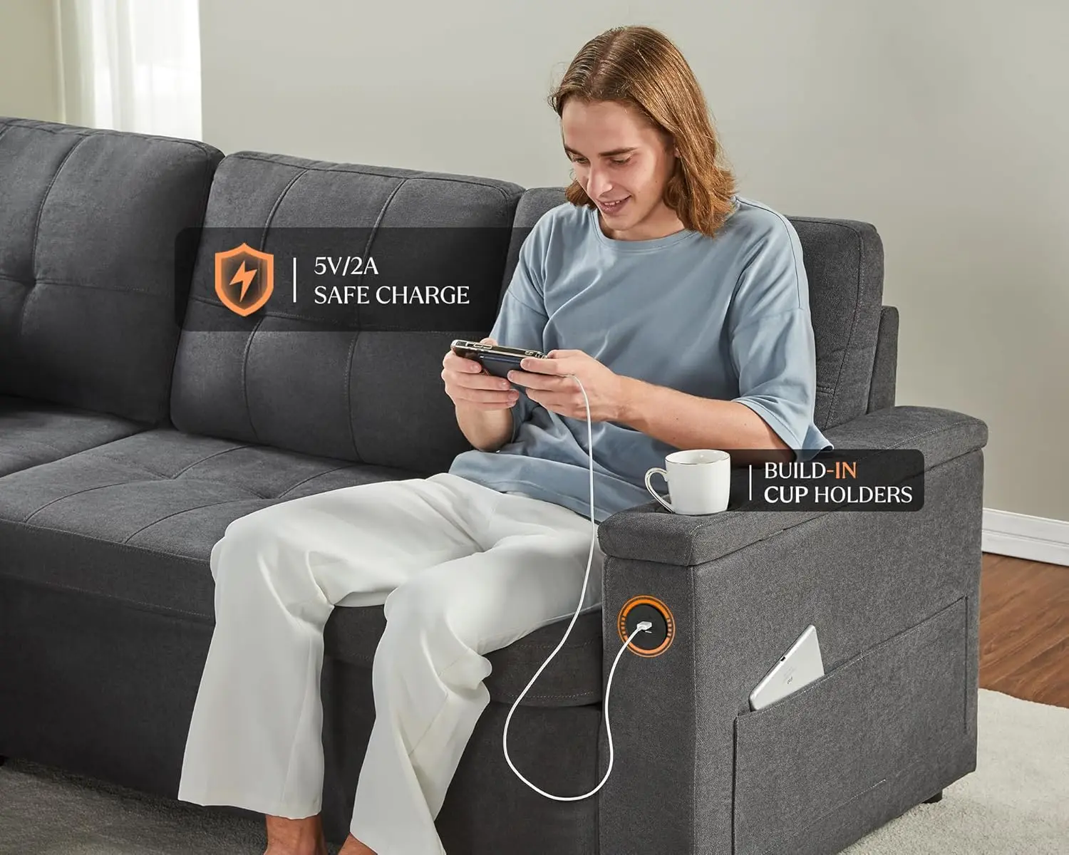 Sleeper Multi-Functional Couch Bed 110 inch with USB Charging Ports & Cup Holders Pull Out Sofa ...