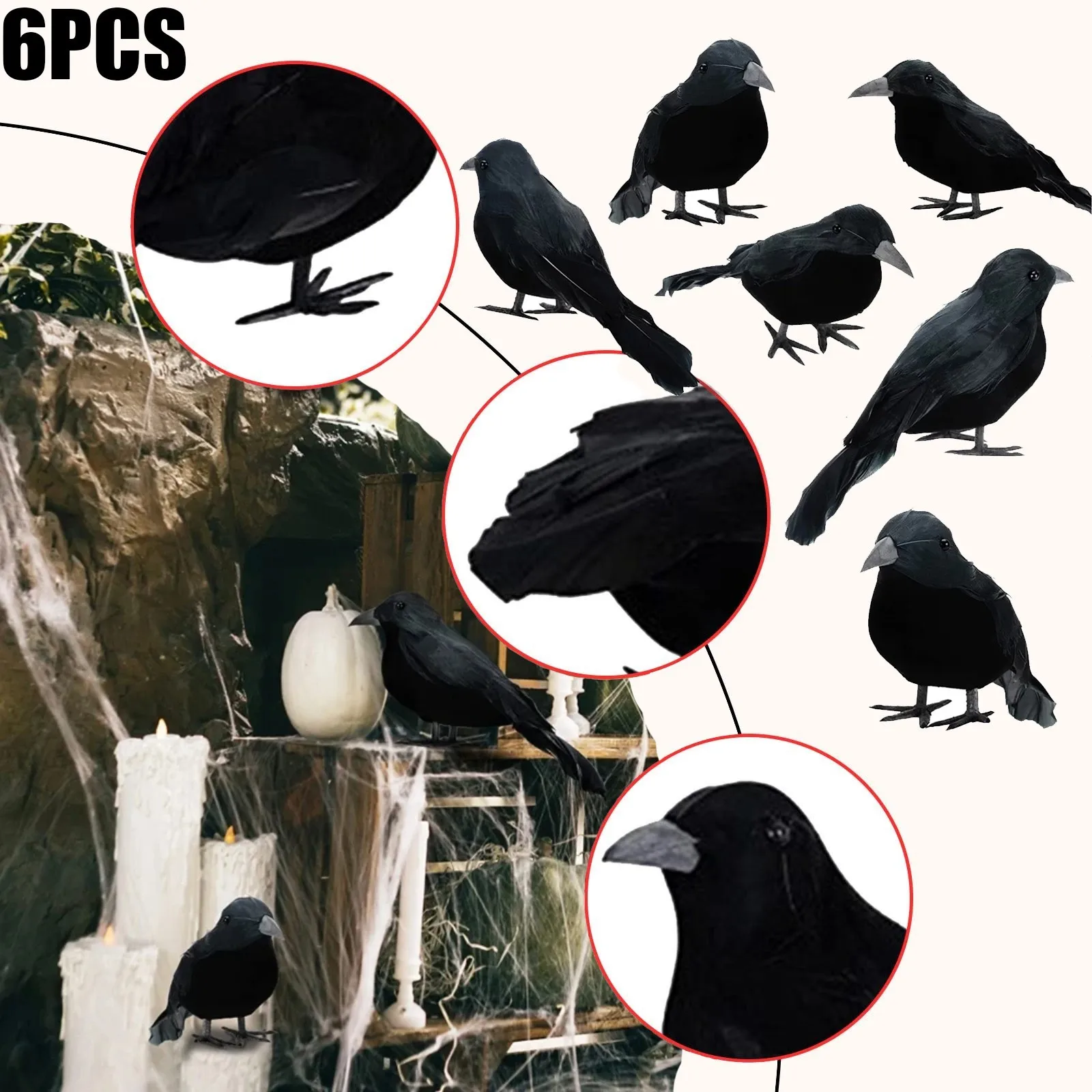 6 Pieces Real Feathered Black Crow Large Handmade Halloween Decor ...