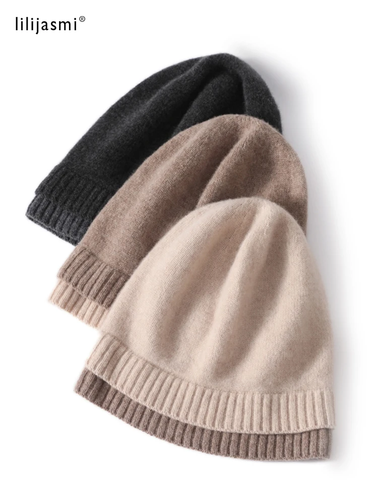 100% Wool Knit Caps New Fashion Double Layer Hem Deco Unisex Beanies ...