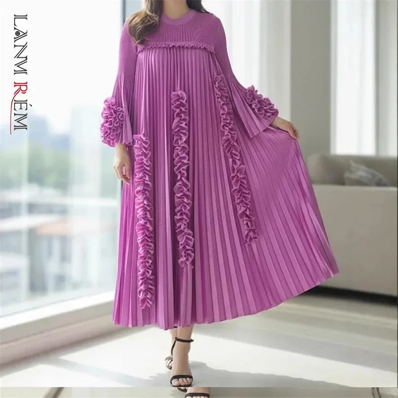 LANMREM Elegant Stringy Selvedge Patchwork Design Women's Pleated Dress ...