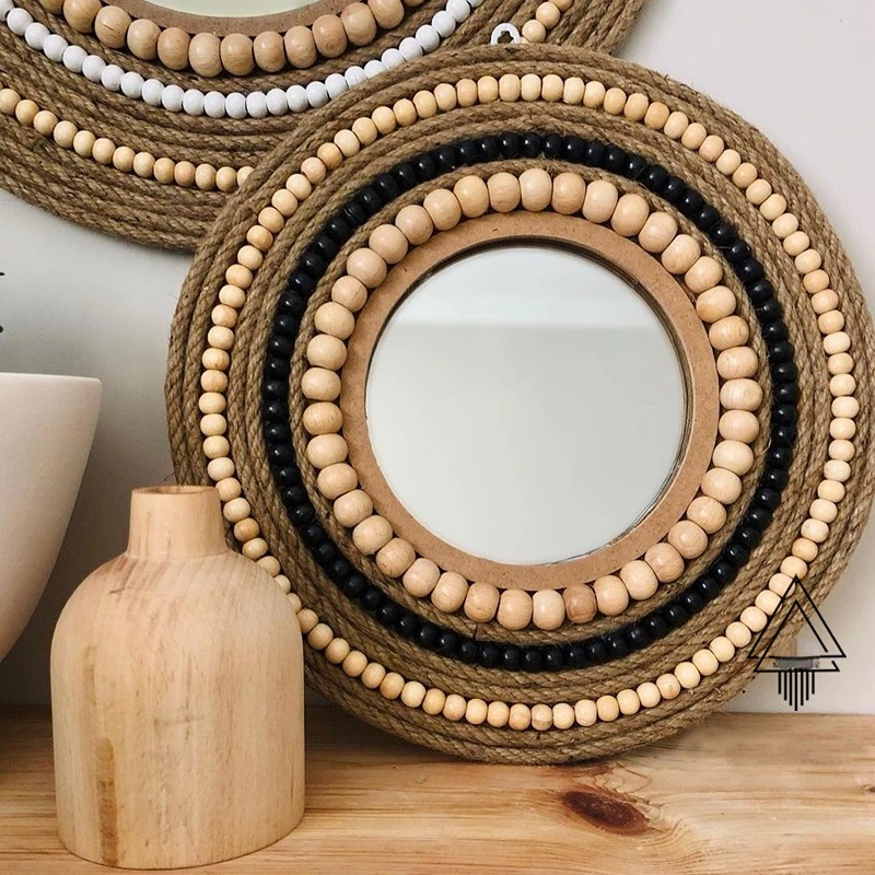 Moroccan hemp rope wooden bead mirror Bohemian style round Lafite wall ...