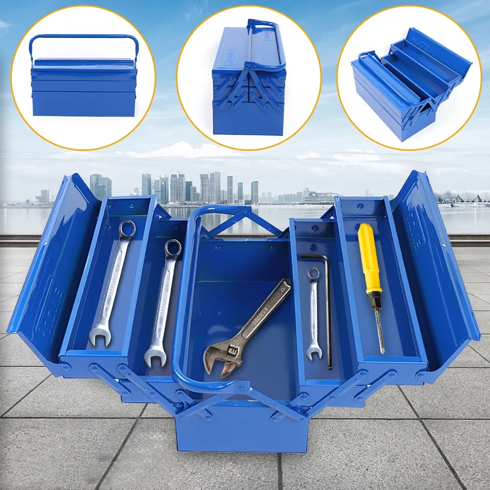 Caja de herramientas de hierro azul de tres capas, almacenamiento de ...
