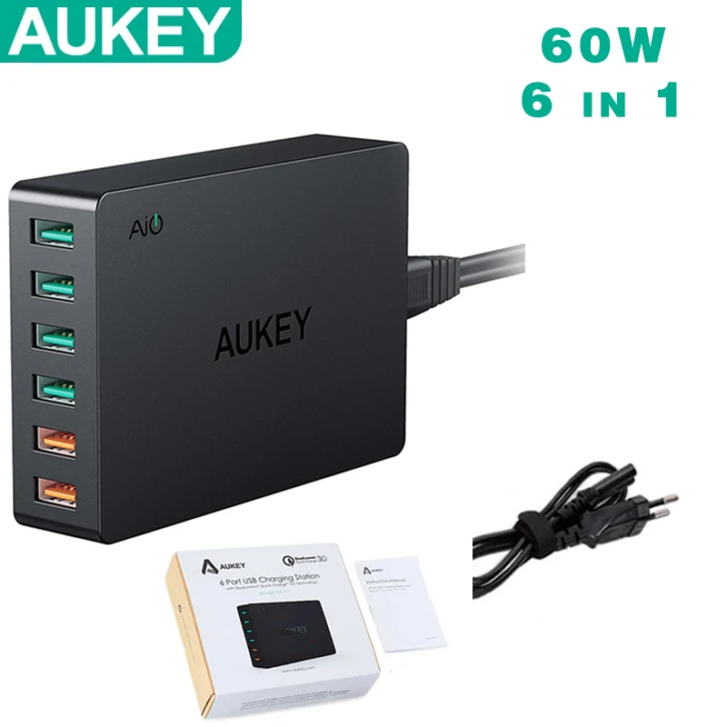 AUKEY PA T11 60W 6 USB Port EU UNS UK Stecker Schnelle Wand Ladegerät Schnell Ladung 3,0 Desktop ...