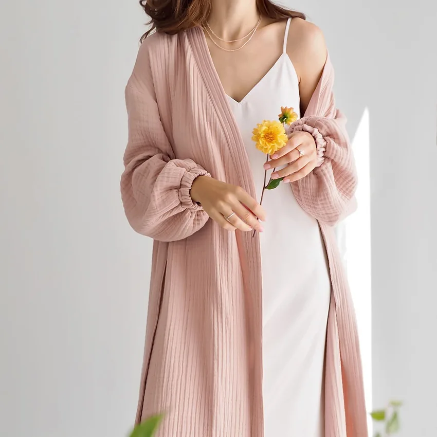 Sleep-Wear-Women-Kimono-Night-Gown-Solid-Cardigan-Nightgown-Cotton ...