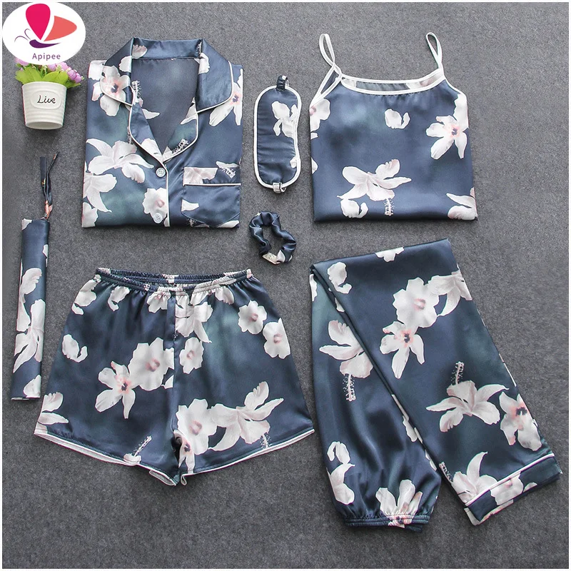 7-Pieces-Womens-Silk-Satin-Pajamas-Sets-Pyjamas-Set-Sleepwear-Pijama ...