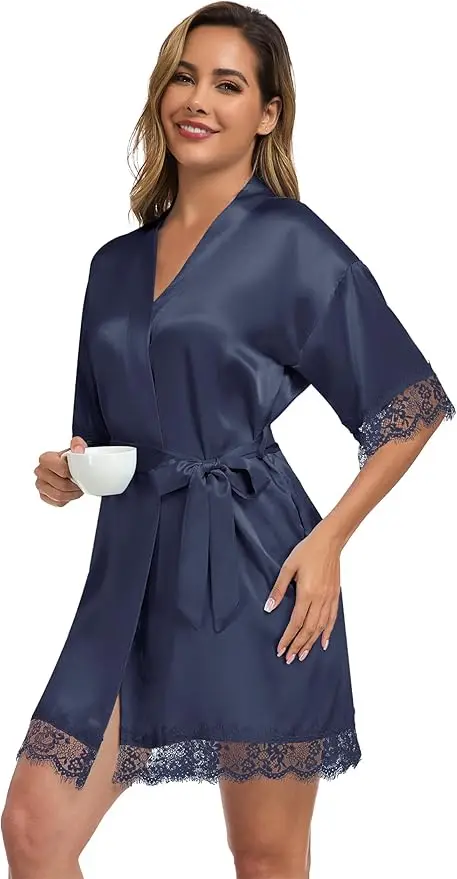 Women's Lace Trim Kimono Robe Bride Bridesmaids Wedding Shower Satin ...