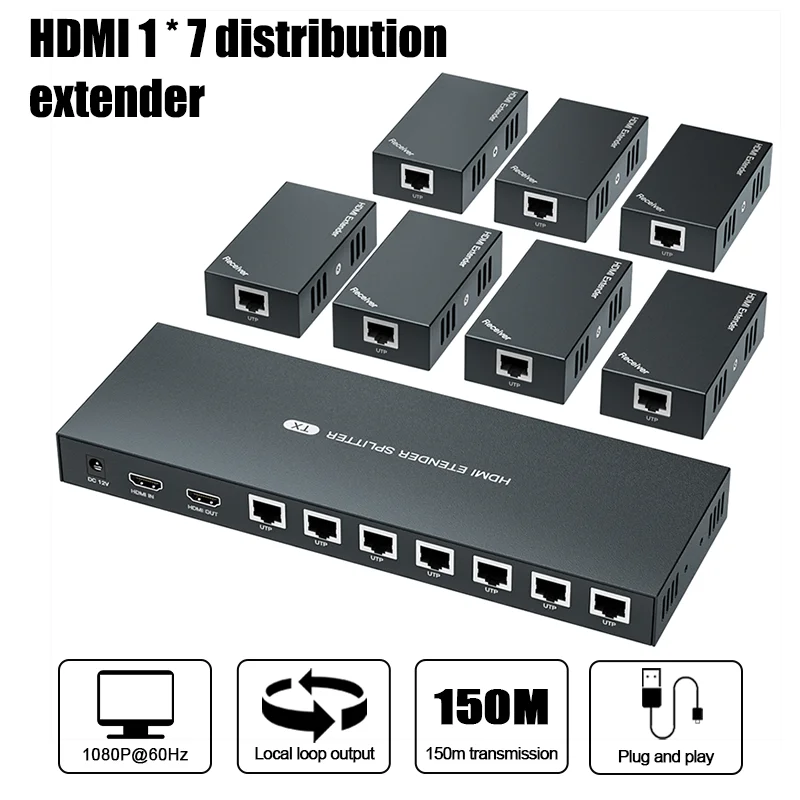HDMI-Extender-Splitter-1x7-1080P-60Hz-Over-Cat-5E-6-7-Ethernet-Cable ...